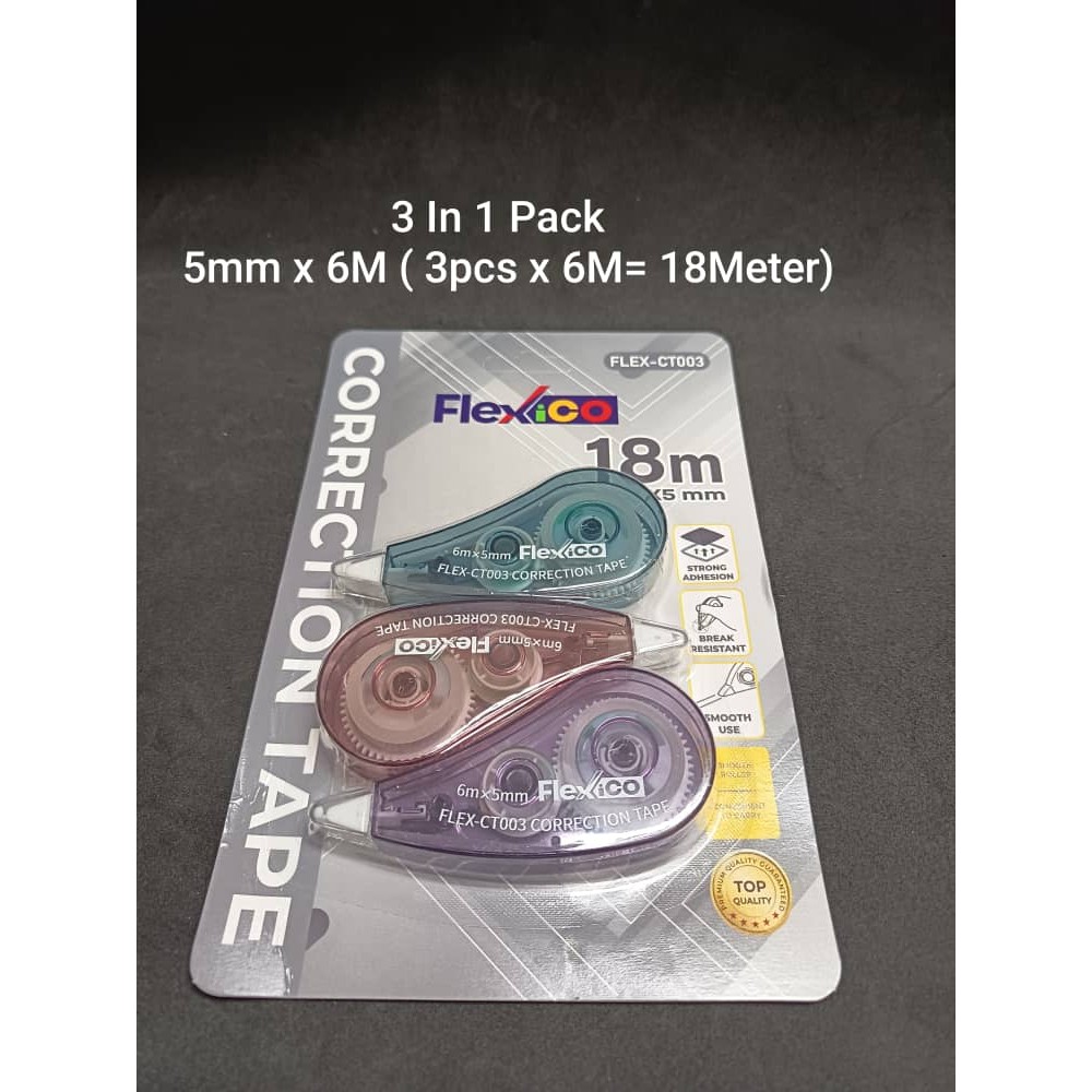 Flexico Correction Tape ( 5mm x 6M ) - 3 In 1 Pack (18M) | Shopee Malaysia