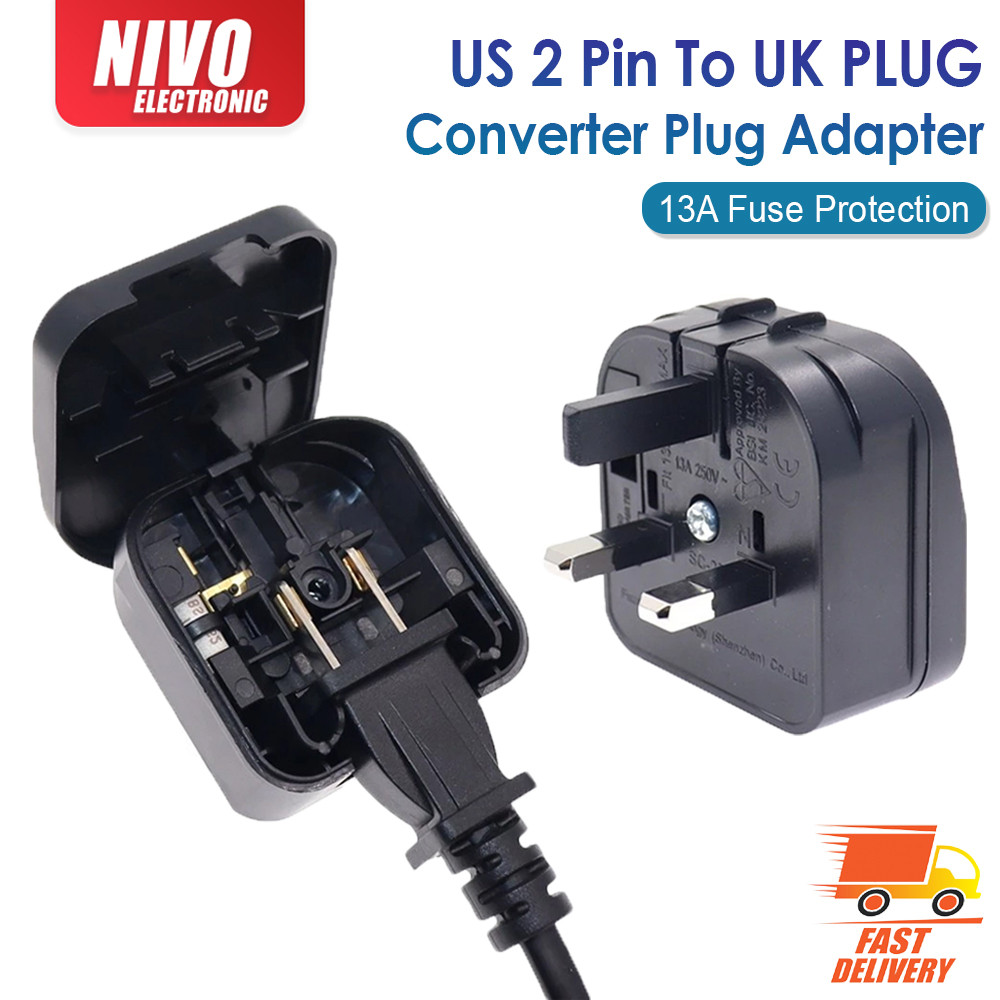 US 2 Pin To 3 Pin UK Converter Plug Adapter With 13A Fuse Protection ...