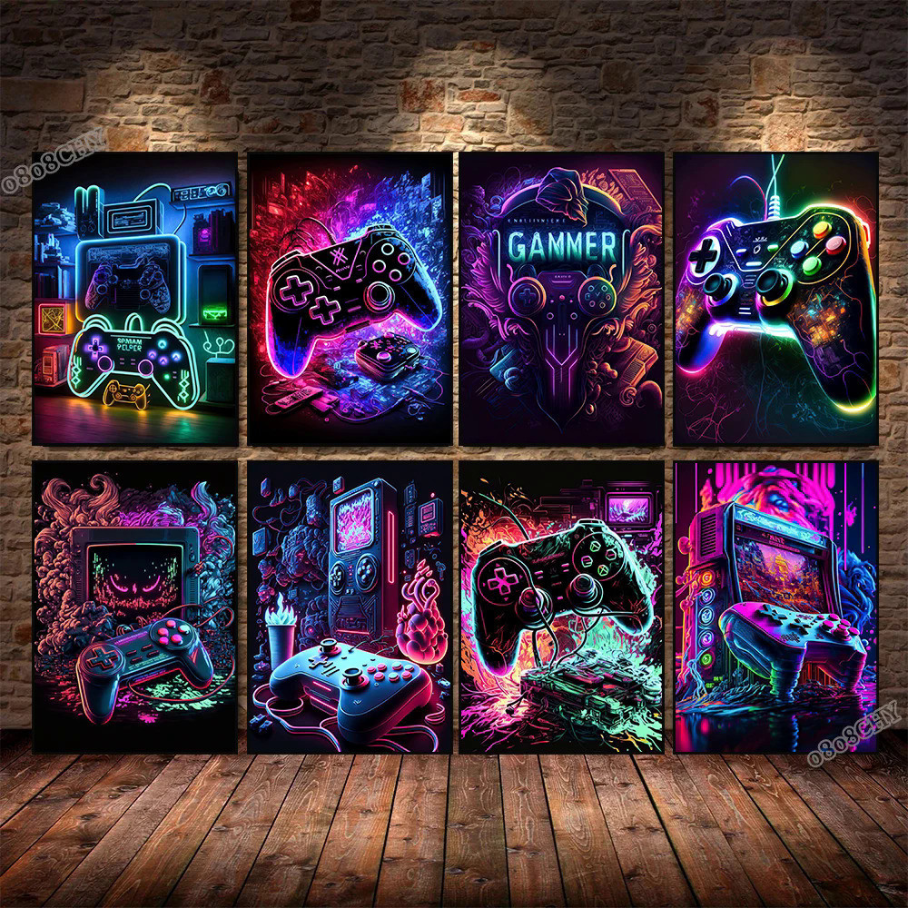Neon Game Canvas Paintings Game Controller Gamer Gaming Neon Posters ...