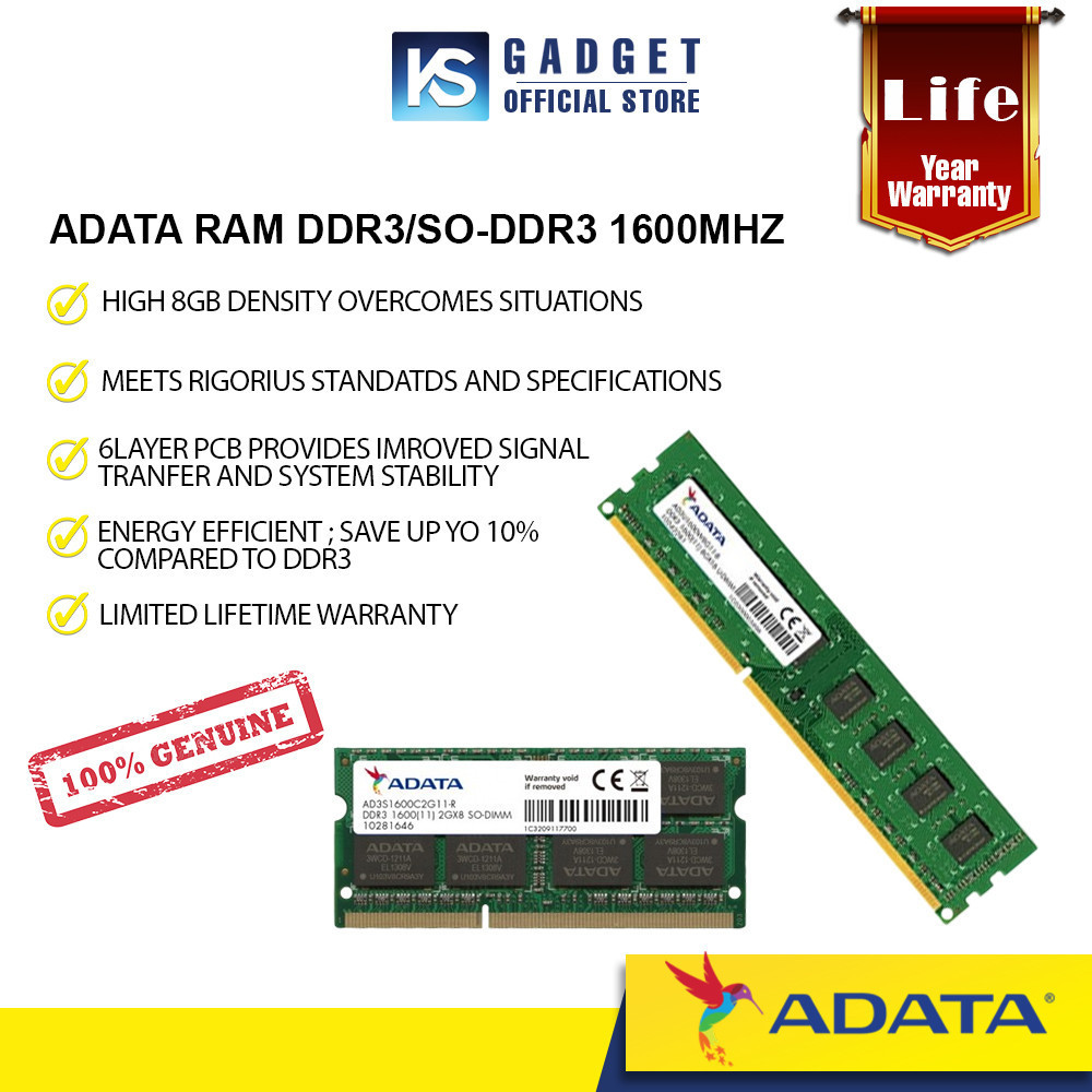 ADATA RAM DDR3/SO-DDR3 1600MHZ U-DIMM/SODIMM Laptop/ DDR3 (8GB) | Shopee Malaysia
