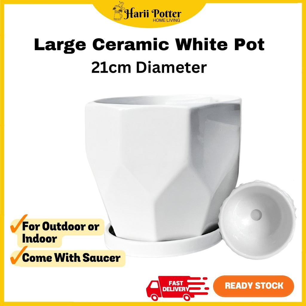 Ceramic Classic White Pot Series With Saucer Large Pasu Putih Pasu ...