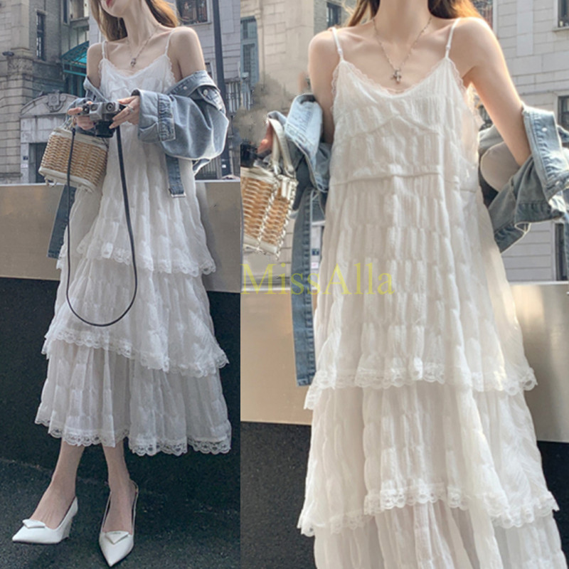 MissAlla Summer Sweet Tiered White Lace Dress for Women Spaghetti Strap ...