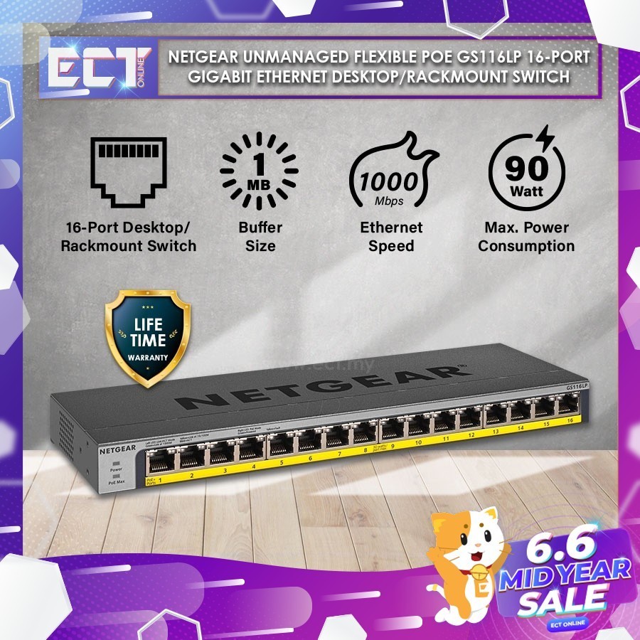 Netgear Unmanaged Flexible PoE GS116LP 16-Port Gigabit Ethernet Desktop ...