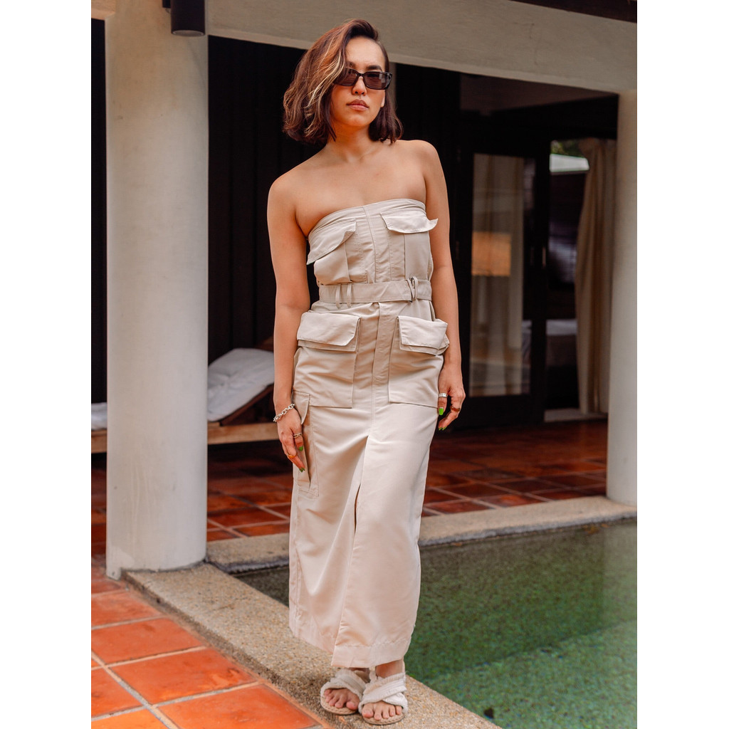 PINK N' PROPER Della Bandeau Belted Midi Cargo Dress in Beige (Ready ...