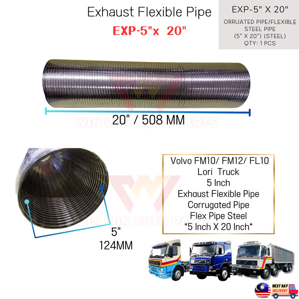 EXP- 5" x 20 " Volvo FM10 FM12 FL10 Lori (Paip Fleksibel Ekzos) 5" Inci ...