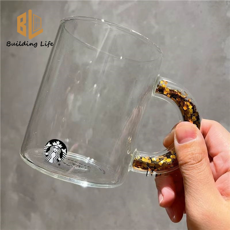 Starbucks Cup Glass Coffee Cup Gold Handle Cup Office Desktop Water Cup ...