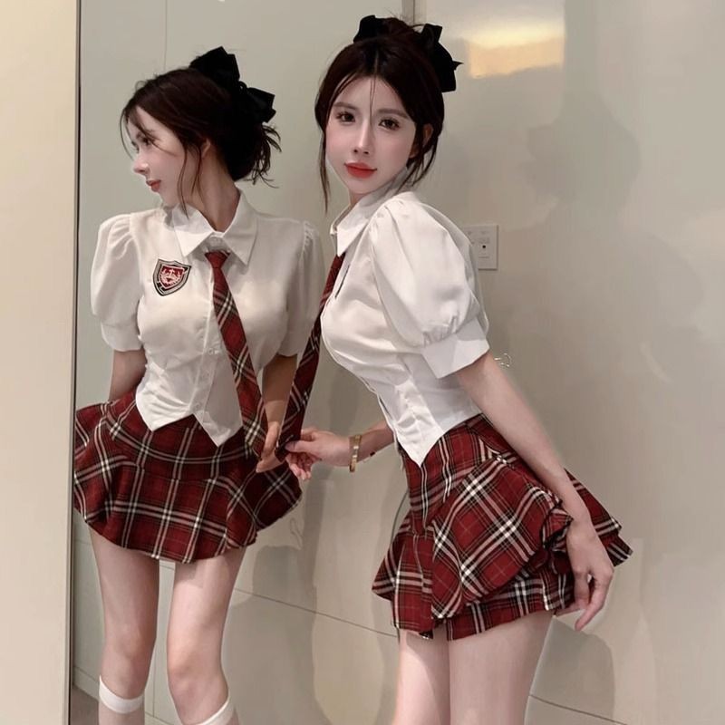 Preppy Hot Girl jk Uniform Suit Amoi Short Waist Shirt Plaid Top Puffy ...