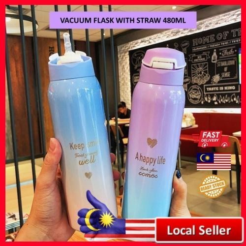 Vacuum Flask With Straw 480ml Thermos Cup Metal Steel Hot Cold Drink ...