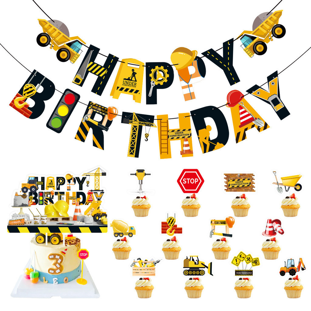 Construction vehicle birthday banner topper truck excavator cake ...
