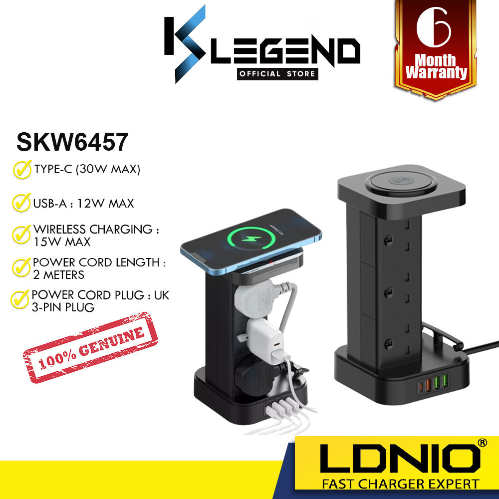 LDNIO SKW6457 2500W PD 30W + QC 3.0 POWER STRIP 6 Outlet USB Tower ...