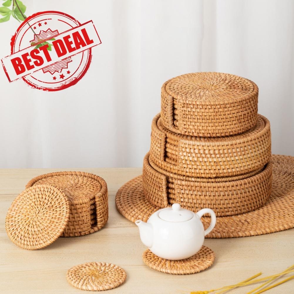 Insulated Woven Rattan Coaster Set For Round Dining Coffee Table Autumn ...