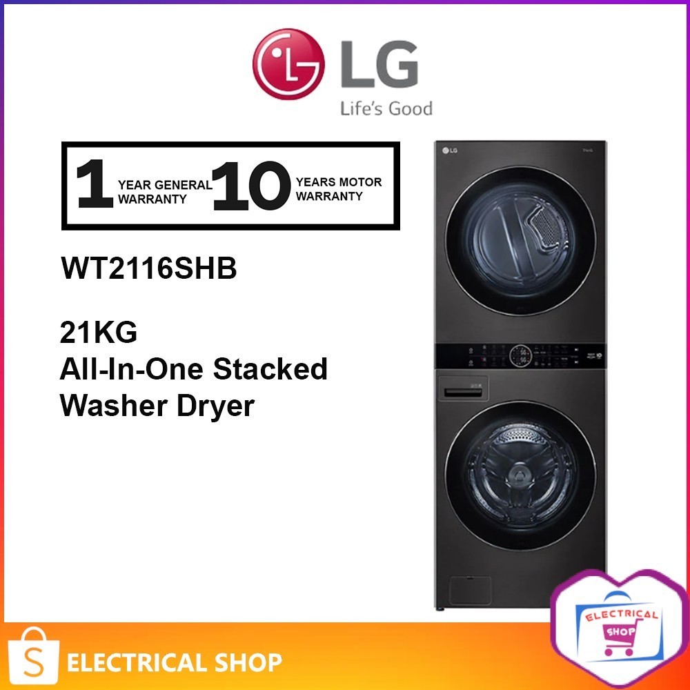 LG 21KG WashTower All-In-One Stacked Washer Dryer WT2116SHB (21KG Heat Pump Dryer and 16KG Front ...