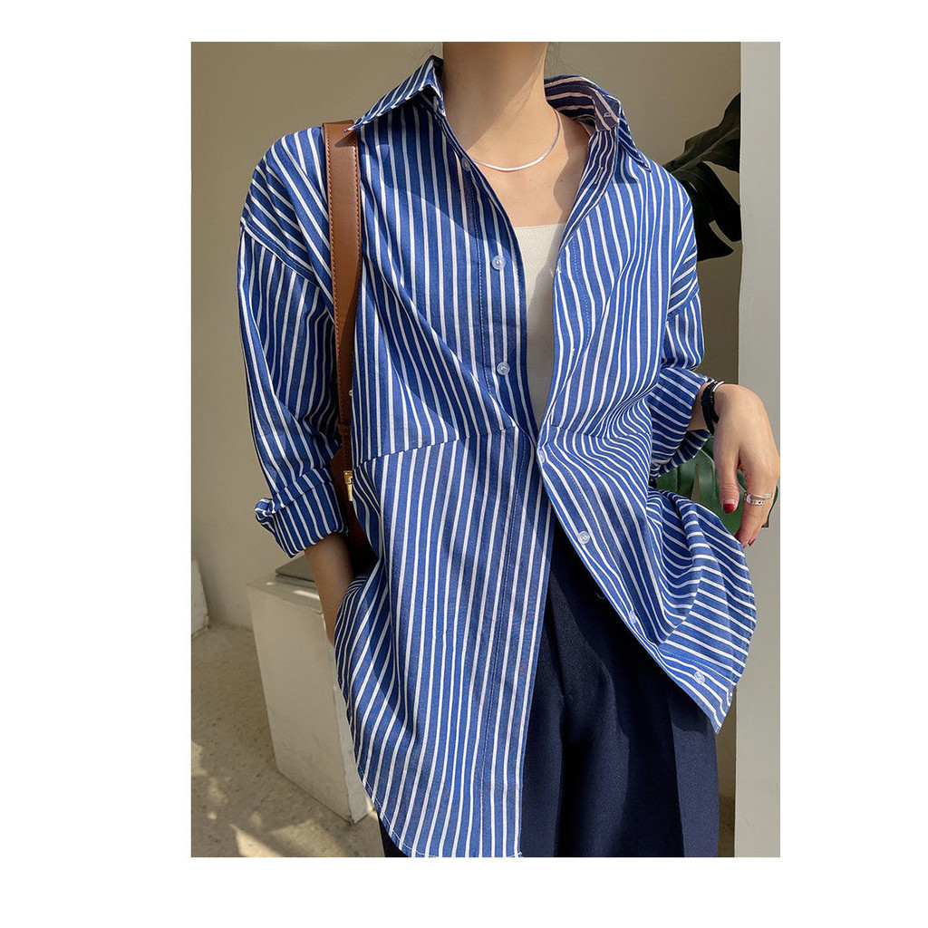 Blue Striped Shirt Women Spring Autumn Design Niche Loose Temperament ...