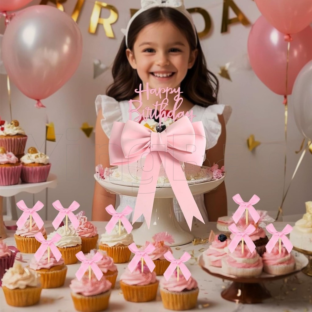 Bow Cake Topper, Pink Bow for Cakes, Happy Birthday Cake Toppers for ...