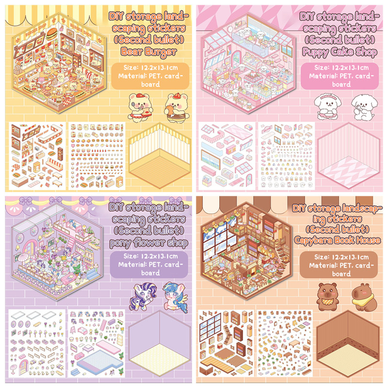 [guyumao] DIY Miniature World Landscape Stickers Cartoon Pocket Cabin Scene 3D Cabin Stacking ...
