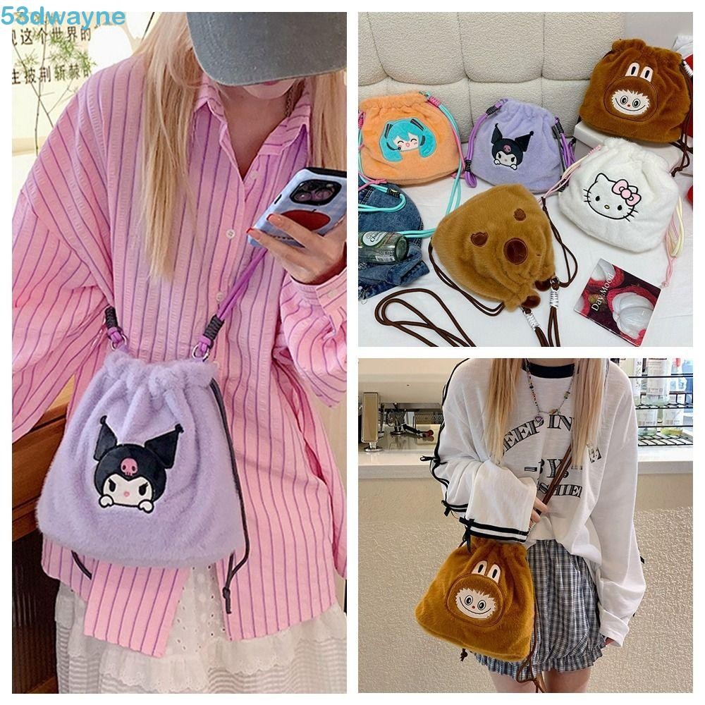 DWAYNE Cartoon Plush Crossbody Bag, Labubu Kuromi Drawstring Bucket Bag ...