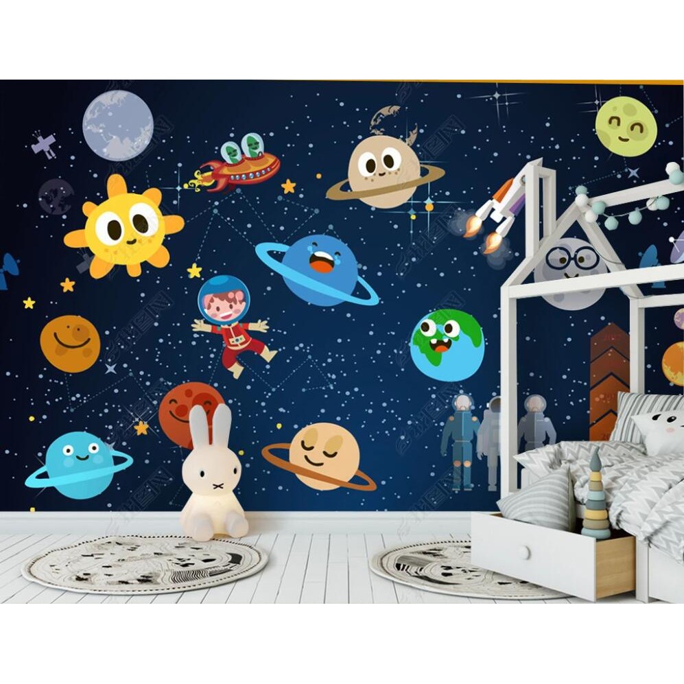 Cartoon Space Adventure Planet Rocket Mural Wallpaper for Children's ...