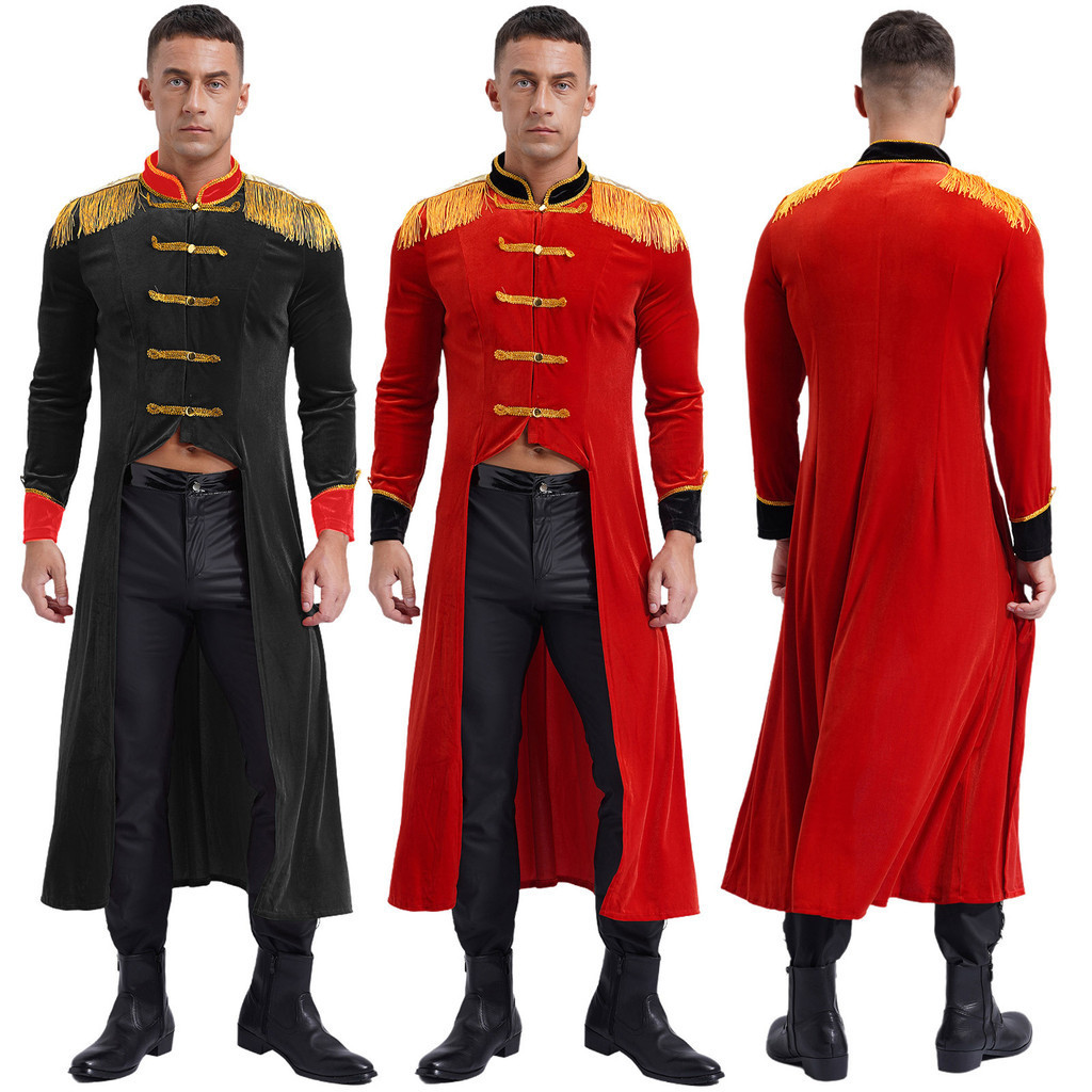Moggemol Mens Halloween Circus Velvet Tailcoat Fringe Shoulder Boards ...