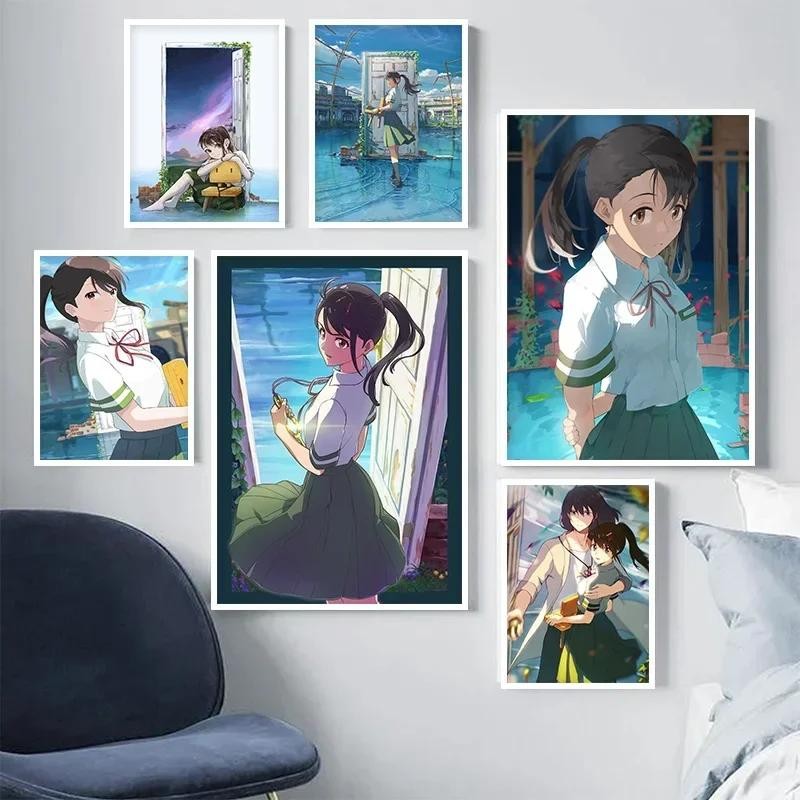 Lukisan kanvas gadis anime Suzume no Tojimari Poster seni dinding mural ...