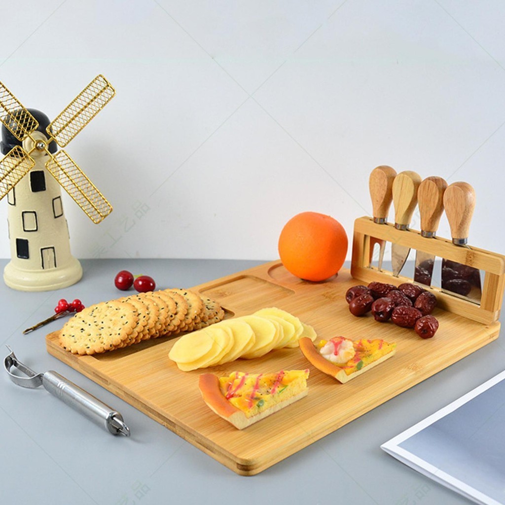 Kitchen Cheese Board Set Cheese Platter Serving Tray with 4 Stainless Steel Cutters Thick Wooden ...