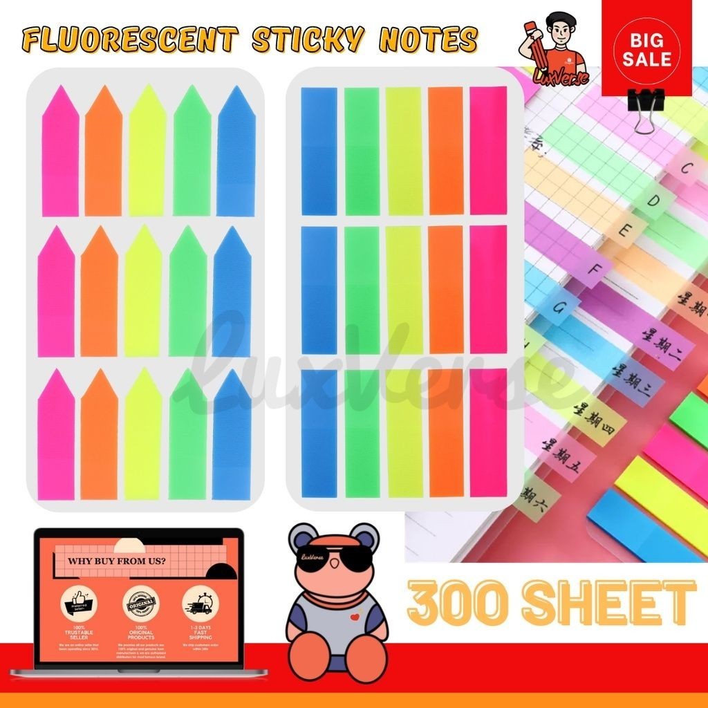 Neon Sticky Note Page Marker Colored Index Tabs Flags Fluorescent ...