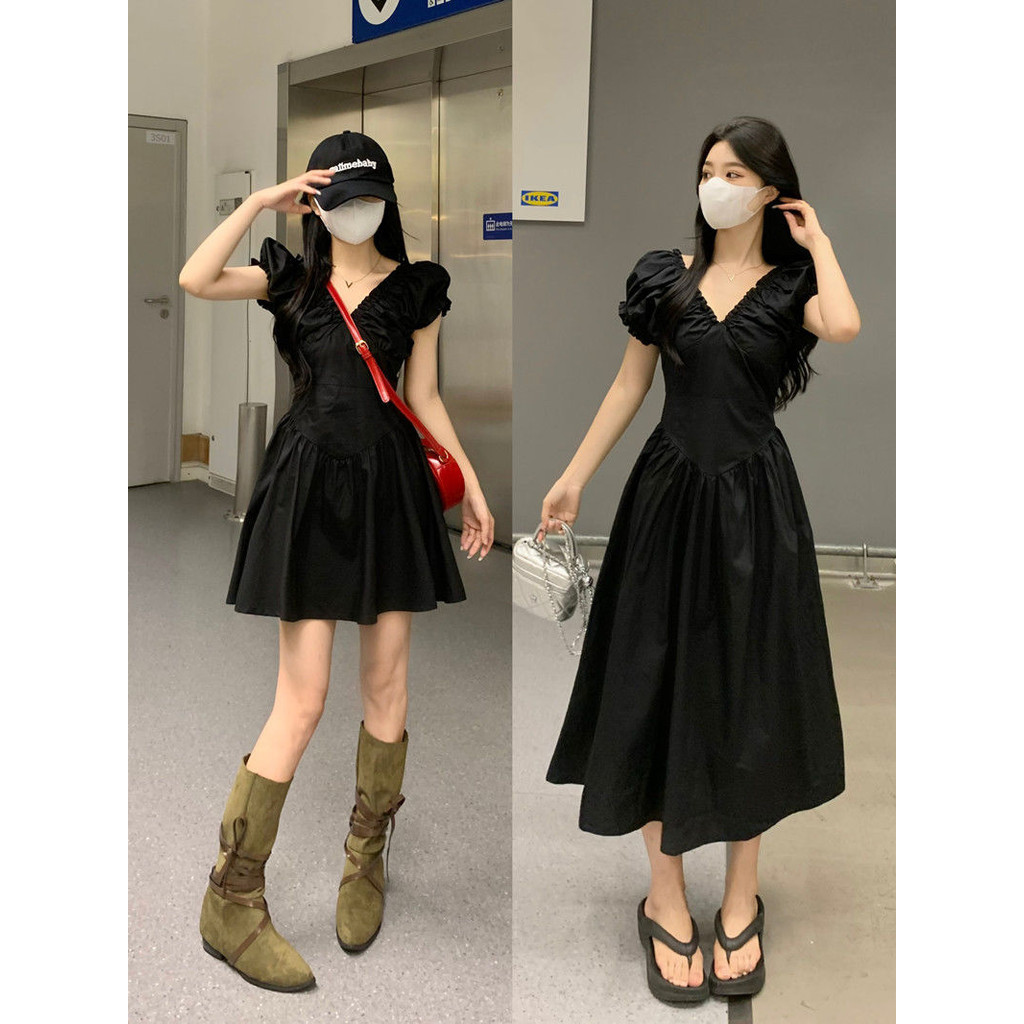 40-100kg m-5XL大码胖MM法式黑色褶皱连衣裙女夏季高级感V领收腰显瘦甜美公主裙fat oversize pulssize dress | Shopee Malaysia