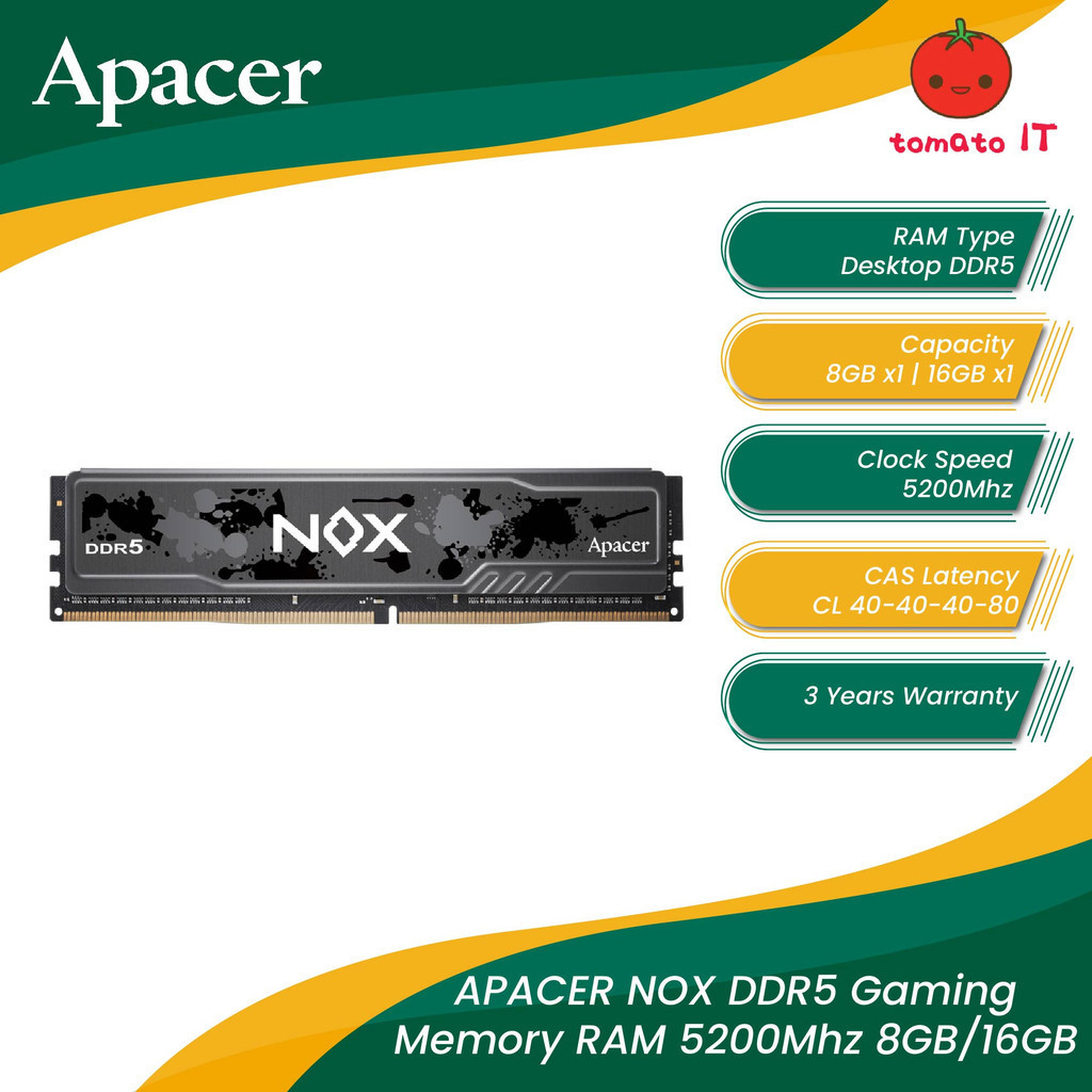 APACER NOX DDR5 Desktop Gaming RAM Single Stick 5200Mhz - 8GB/16GB ...