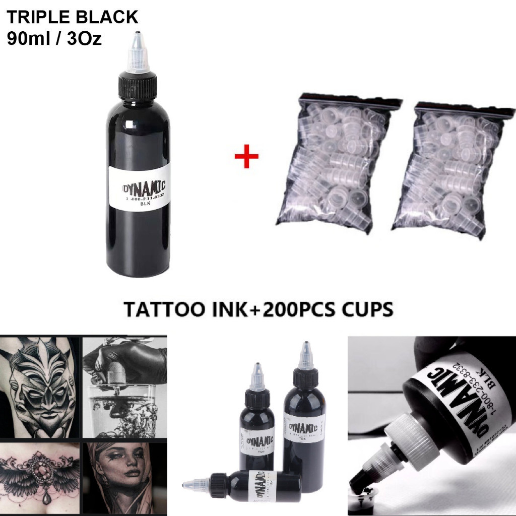 Tattoo Ink Cups Set DYNAMIC 90ml Tattoo Permanent Triple Black Ink With ...