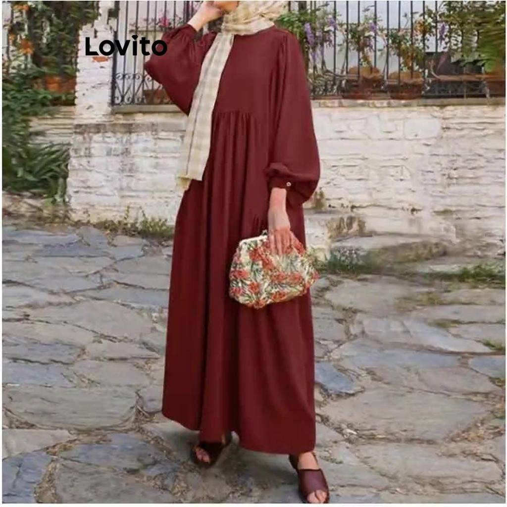 Lovito Modest Plain Structure Line Women Muslim Dresses for Women ...