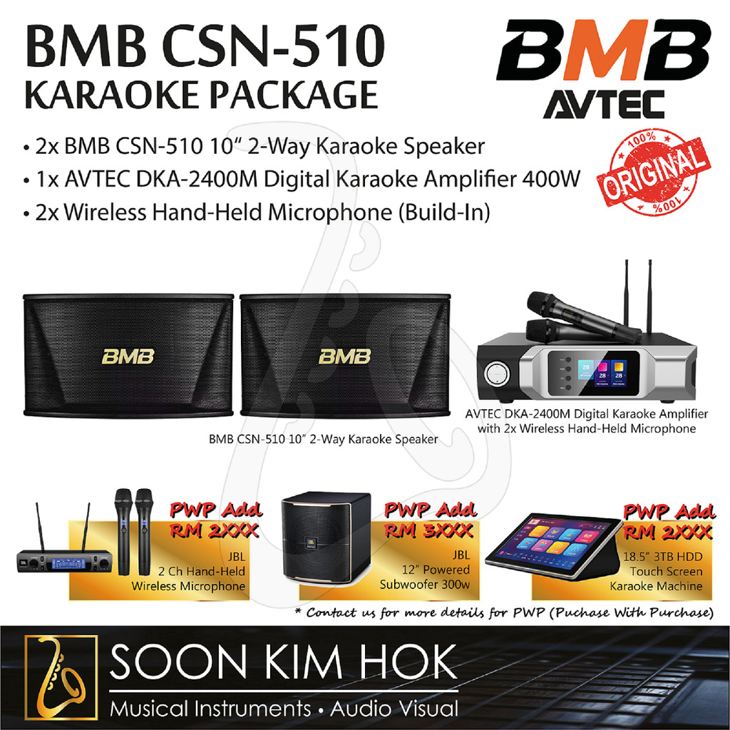 BMB CSN-510 10" Speaker + AVTEC DKA-2400M Karaoke Amplifier with 2x ...