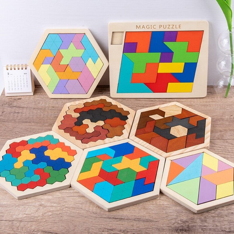 Wooden Triangle Jigsaw Puzzle 7/10/14 Piece Square Solid Wood Brain Teaser Wooden Puzzle ...