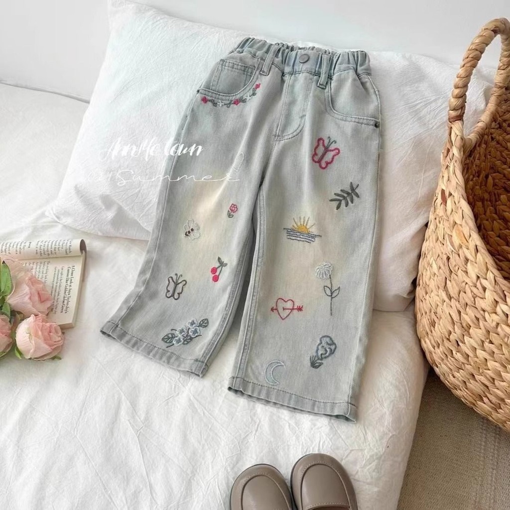 Kids Girl Jeans Wide Leg Jeans Baby Girl Embroidered Jeans Floral Jeans ...