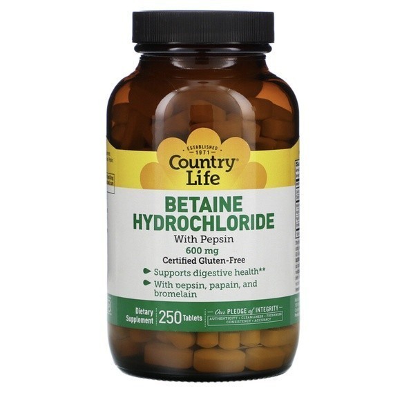 Country Life, Betaine Hydrochloride with Pepsin, 600 mg, 100 Tablets ...