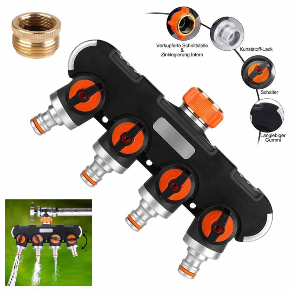 4 Way Hose Splitter Outdoor Water Tap Divider 3/4" to 1/2" Four Channel ...