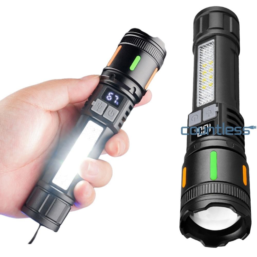 Telescopic Focus Torch USB Charging Zoomable Flashlight Power Display ...