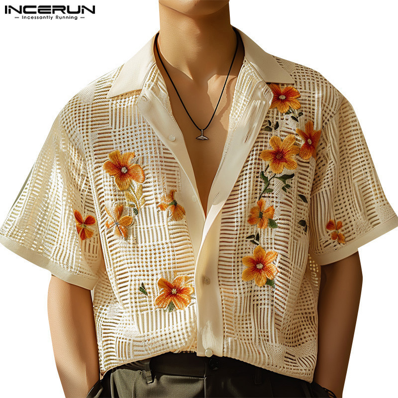 INCERUN men's floral mesh irregular strip short sleeved shirt | Shopee ...