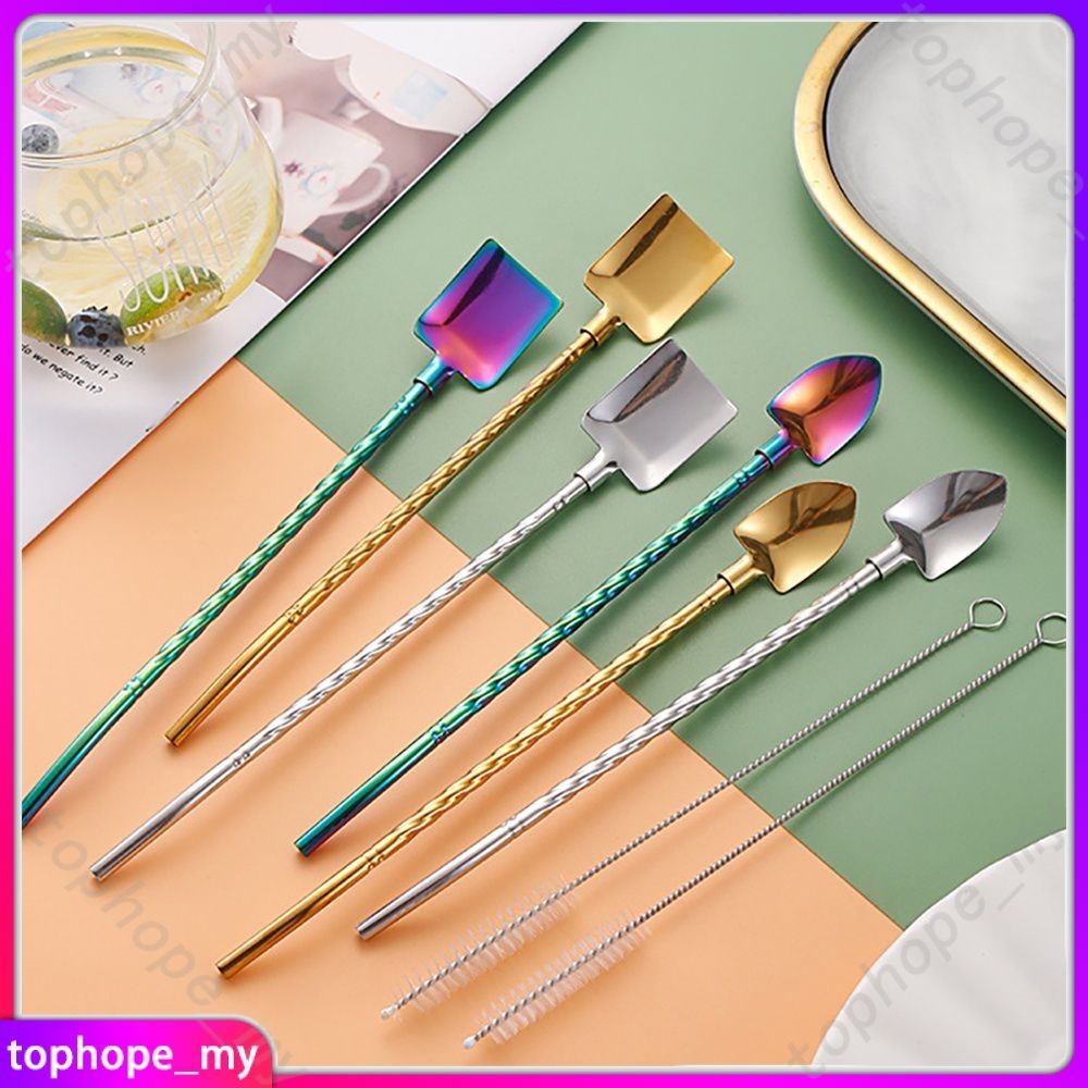 Stainless Steel Straw Spoon Dual Purpose Coffee Stirring Spoon Juice ...