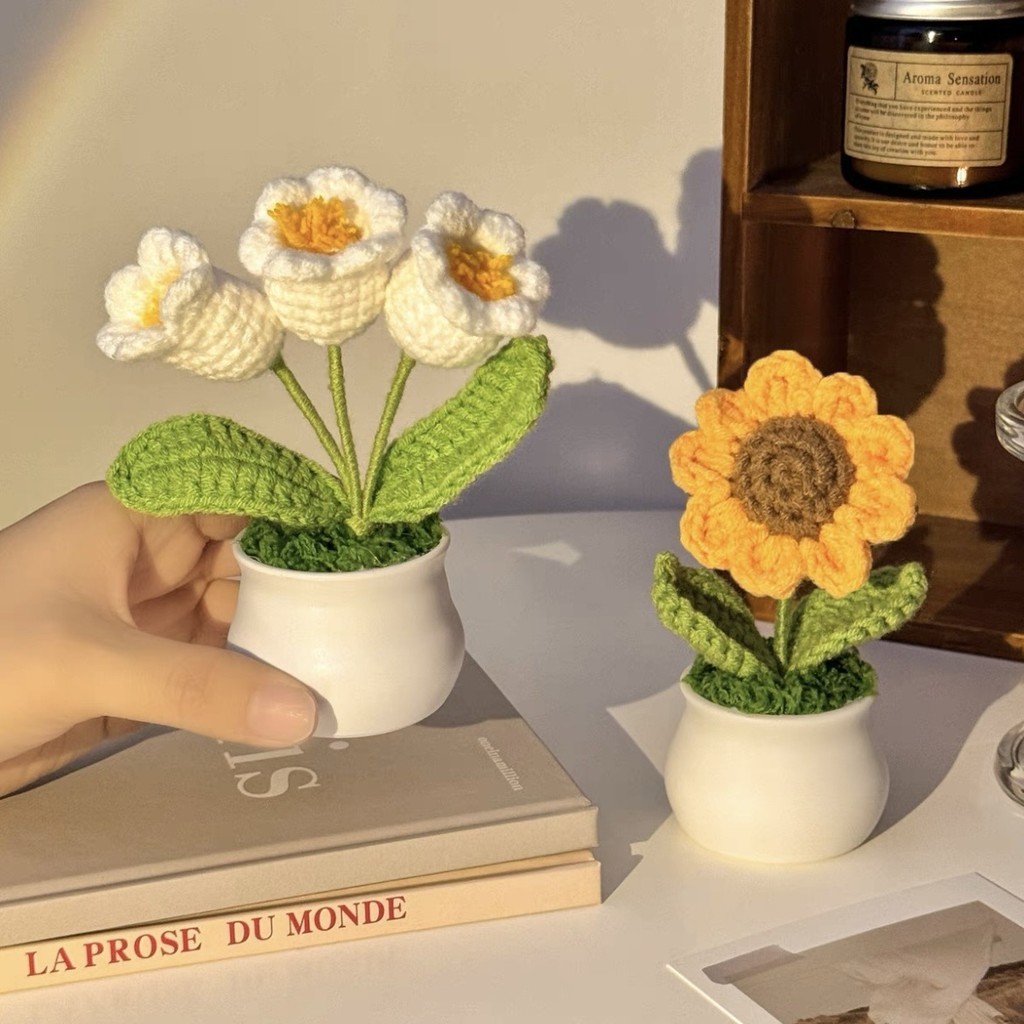 Mini Woolen Flower Pot Cute Hand-crocheted Simulation Flower Desktop ...