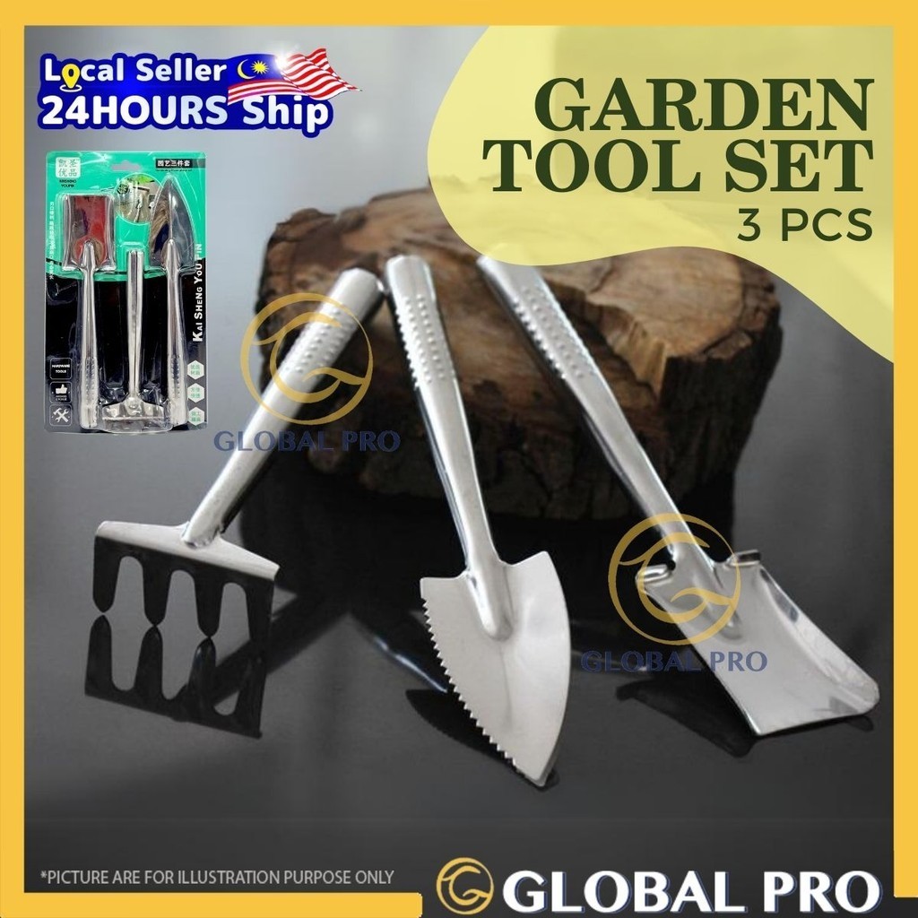 3PCS Garden Tool Sets Shovel Trowel Rake Steel Handle Mini Planting ...