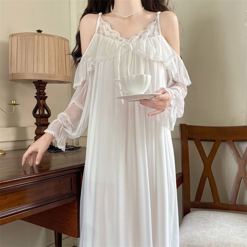 Lace Shoulder-falling Suspender Nightgown Mesh Off-shoulder Gown Tidur ...