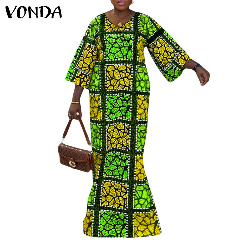VONDA Women Vintage Casual V-Neck Nine-Quarter Sleeves Printed Dresses ...