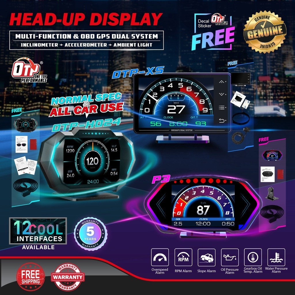 OTP-H02 XS P3 OBD2 Meter Gauge Meter OBD Meter Car GPS Alarm Speed Gauge display Hud Water temp ...