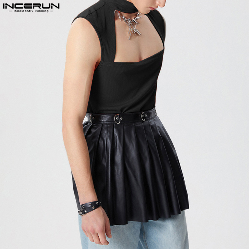 INCERUN Men's Hollow Knitted Elastic Half High Neck Tank Top | Shopee ...