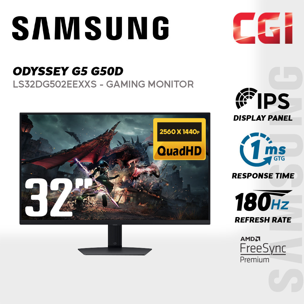 Samsung 32" Odyssey G5 G50D LS32DG502EEXXS Fast IPS QHD 180Hz 1ms Freesync DisplayHDR 400 ...