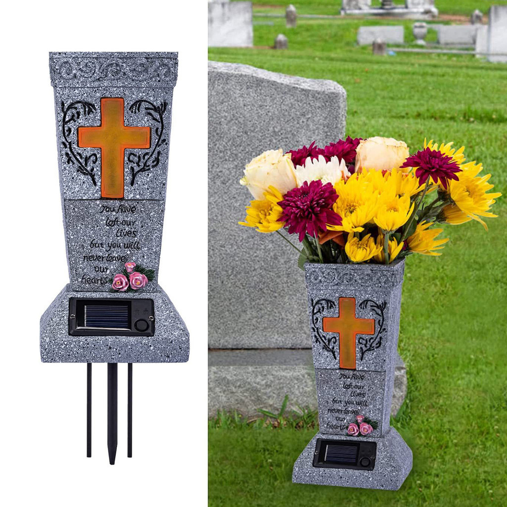 Solar Cemetery Grave Vase With LED Unique Cross-Design Vase Memorial ...