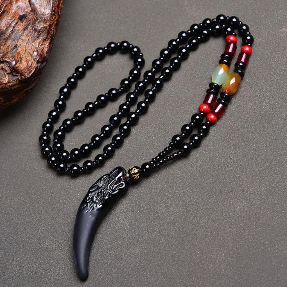 Obsidian Wolf Tooth Pendant Necklace Men's Couple Trendy Obsidian Wolf ...