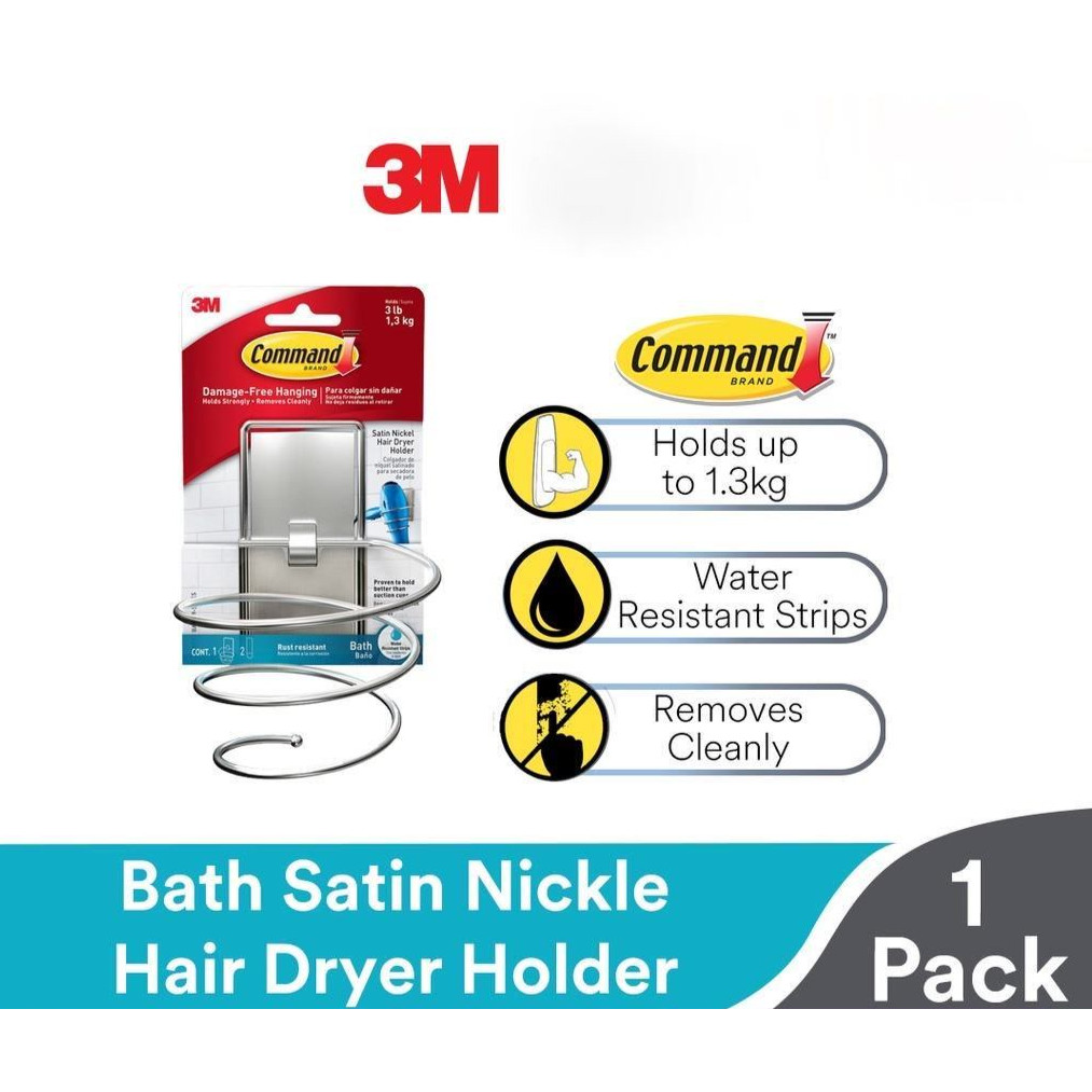 3M Command Wall BATH 39 Adhesive Rust Resistant Hair Dryer Holder Satin ...