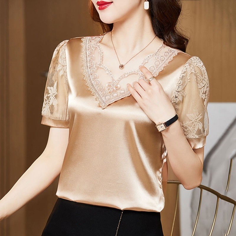 折扣 Womens Stretch Satin Blouse Fashion Lace Patchwork Shirts Elegant V