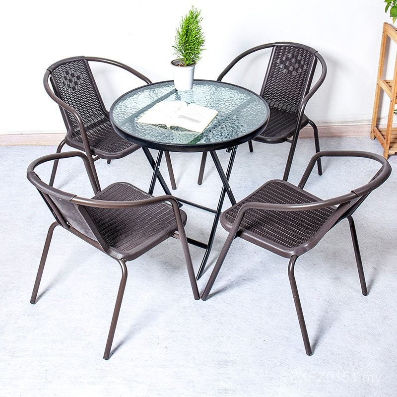 Outer Tempered Glass Iron Folding Simple Household Outdoor Dining Table ...