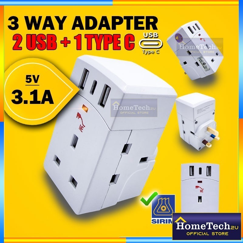 13A 3 Way Adapter Adaptor Plug with 2 UBS port and 1 Type C Charger ...